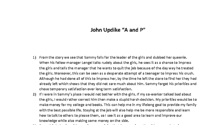 John Updike: Analysis of Sammy's Choices in "A&P" - Studocu