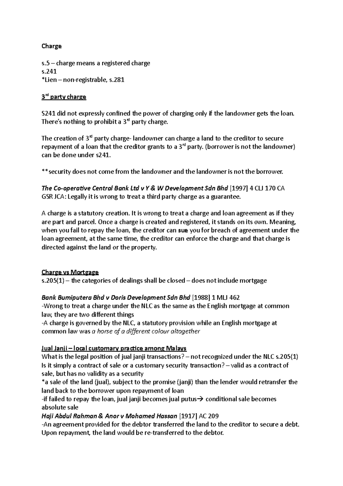 Charge - Summary of Third Party Charges in Land Law II - Studocu
