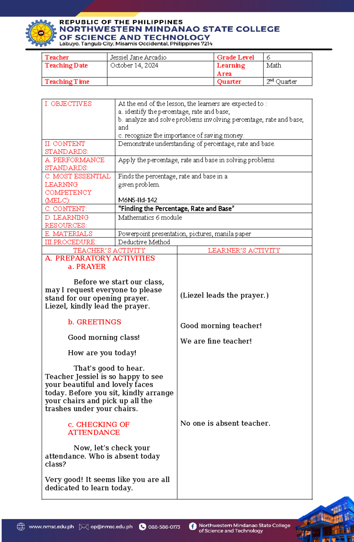 MATH LP Grade 6 PRB - N/A - Teacher Jessiel Jane Arcadio Grade Level 6 ...