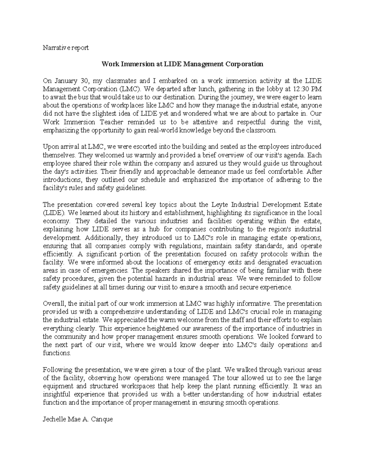 LIDE PLANT TOUR - Narrative report Work Immersion at LIDE Management ...