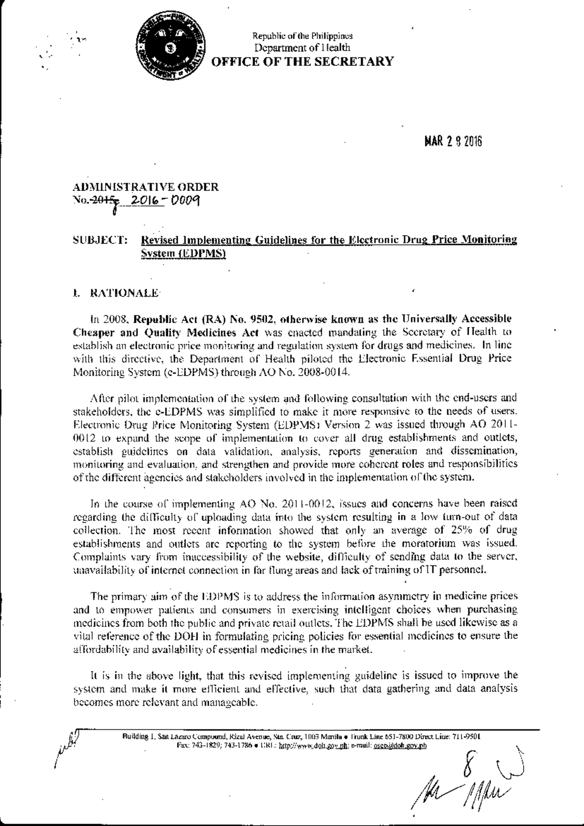 AO 2016-0009 Revised Guidelines for EDPMS Version 3 Implementation ...