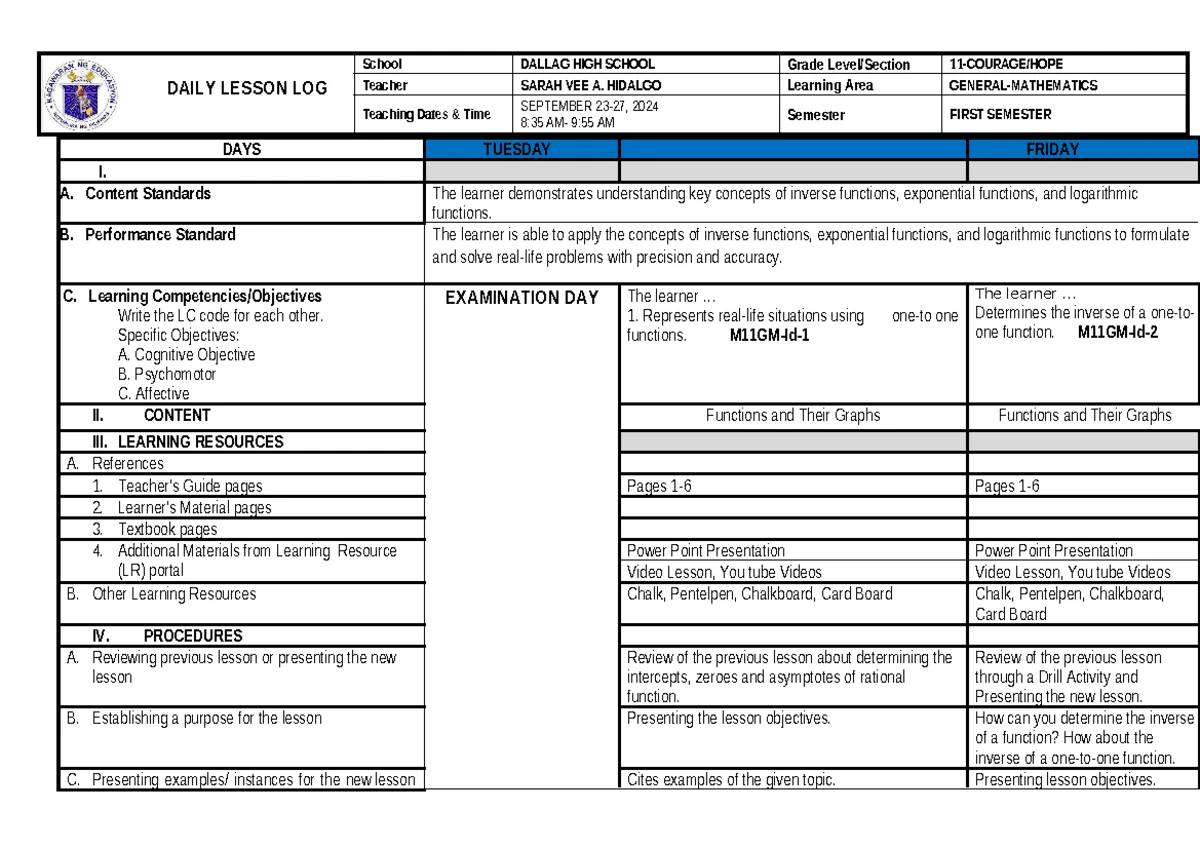Daily Lesson Log: General Mathematics (1st Sem, Sept 2024) - Studocu