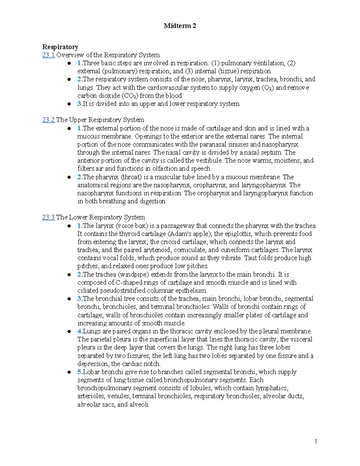 A&P midterm 2 - summary - Respiratory 23 Overview of the Respiratory ...