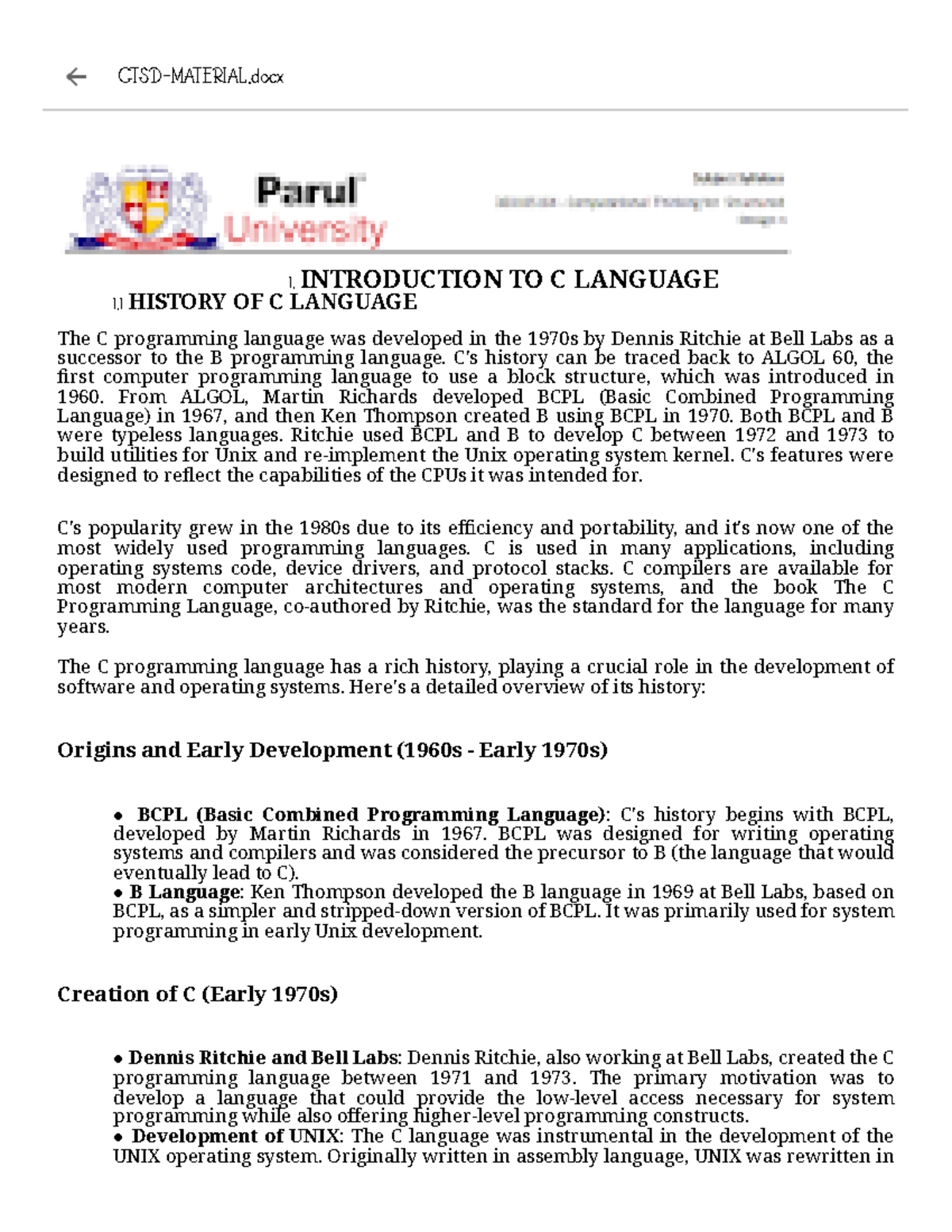 CTSD- Material theroy - Woaksnsns - 1. INTRODUCTION TO C LANGUAGE 1 ...