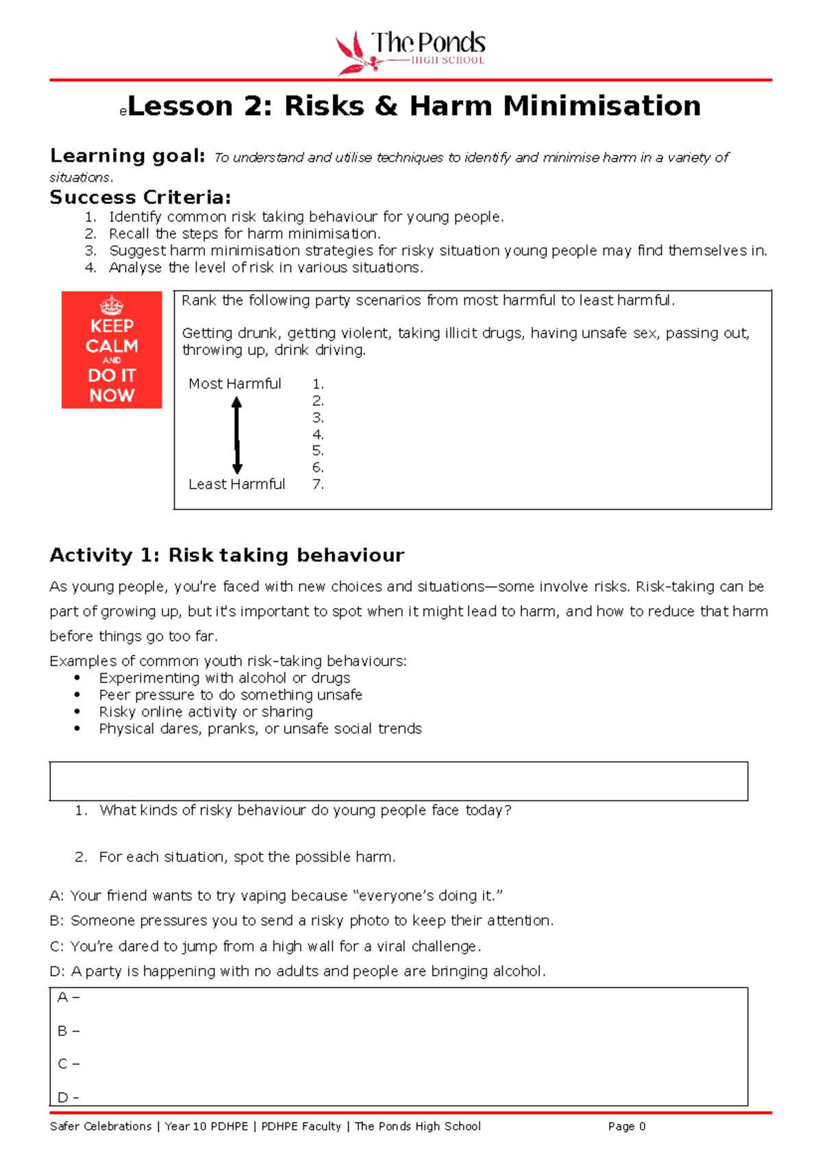 Lesson 2: Risks & Harm Minimisation Strategies - Year 10 PDHPE - Studocu