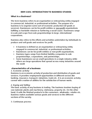 Introduction to business studies - BBM1101 - MKU - Studocu