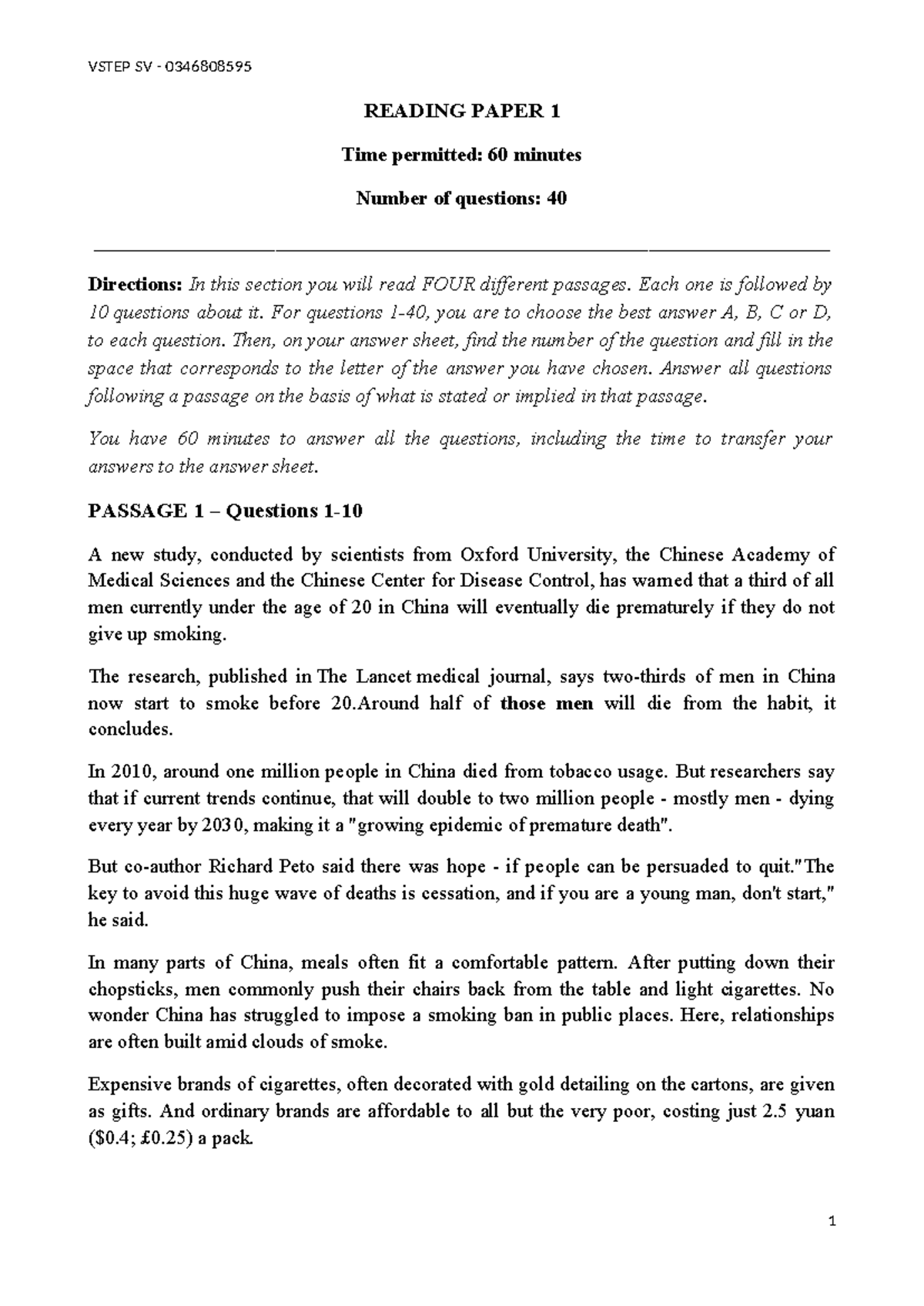 VSTEP SV 0346808595 READING PAPER 1: Practice Test with 40 Questions ...