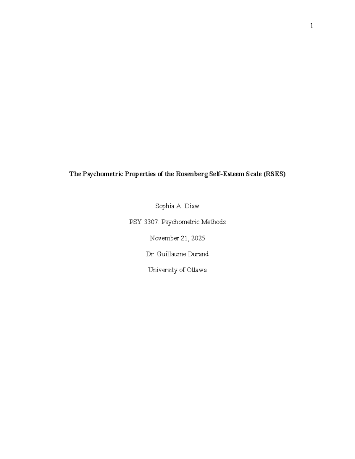 PSY 3307 Final Assignment: Psychometric Properties of the RSES - Studocu