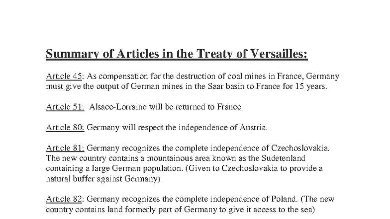 Summary of Key Articles in the Treaty of Versailles (History 101) - Studocu