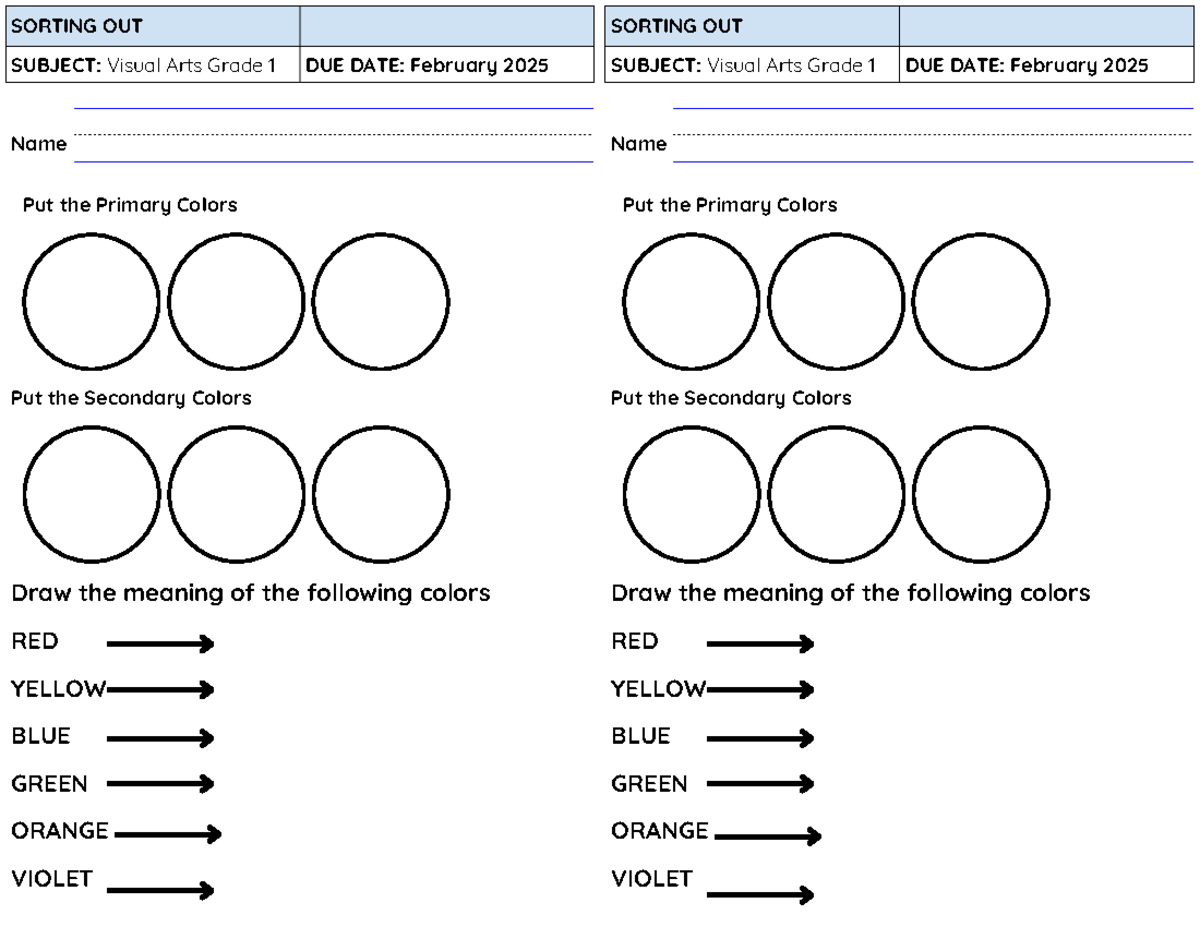 Sorting OUT Subject Visual Arts Grade 1 - teacher education - Name ...