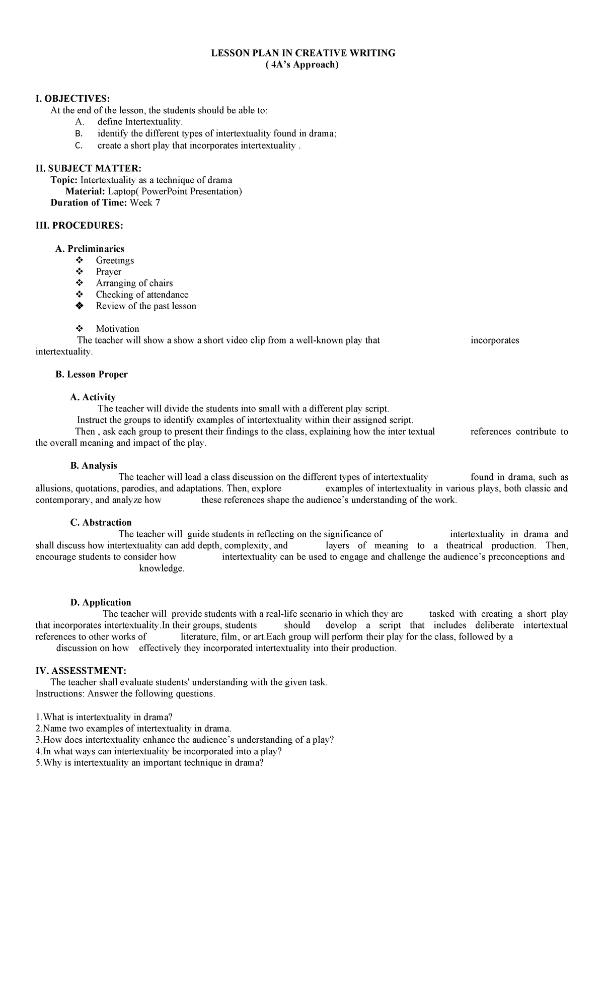 Lesson Plan on Intertextuality in Drama - Course W7 - Studocu