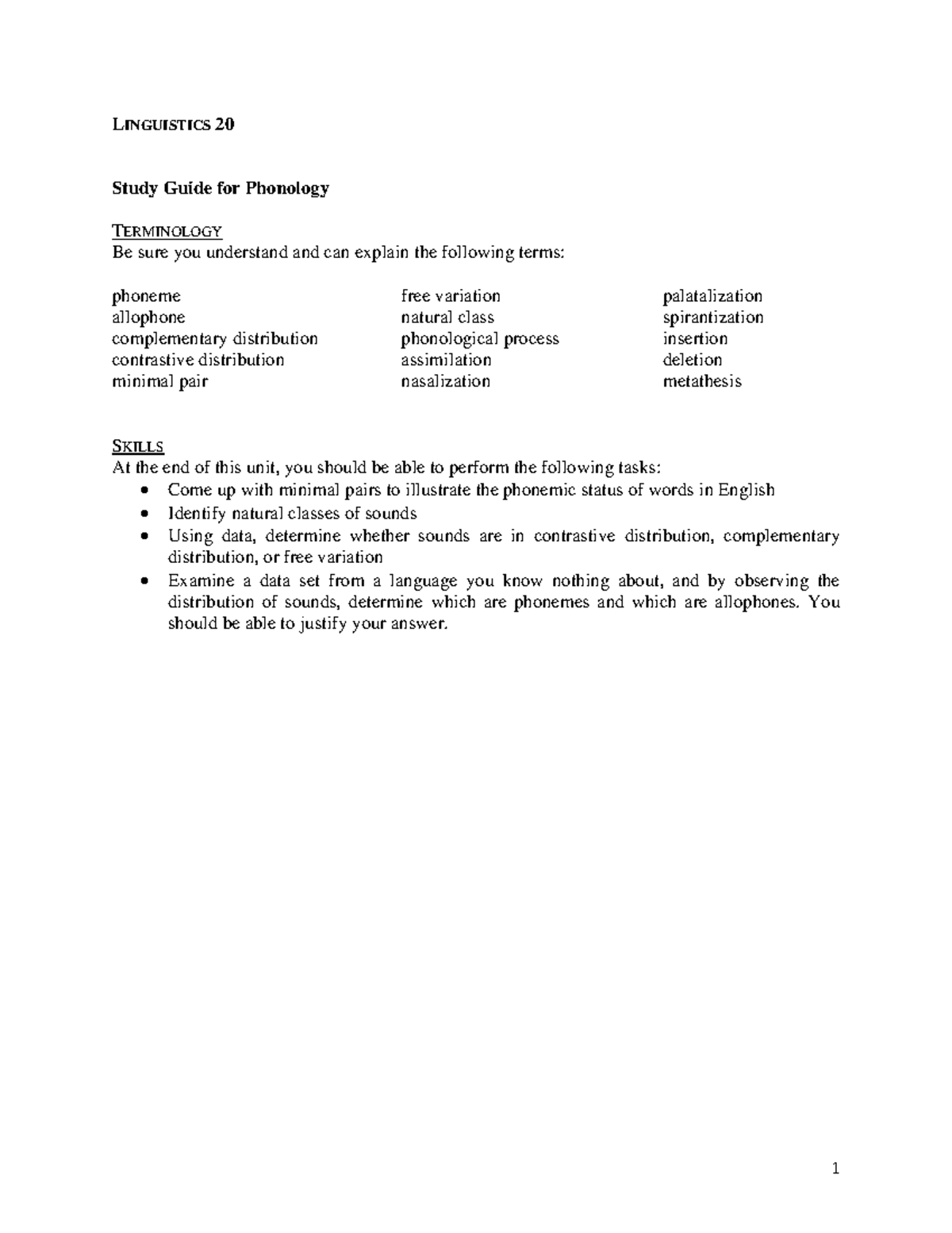 Study Guide for LINGUISTICS 20: Phonology Terminology and Skills - 1 ...