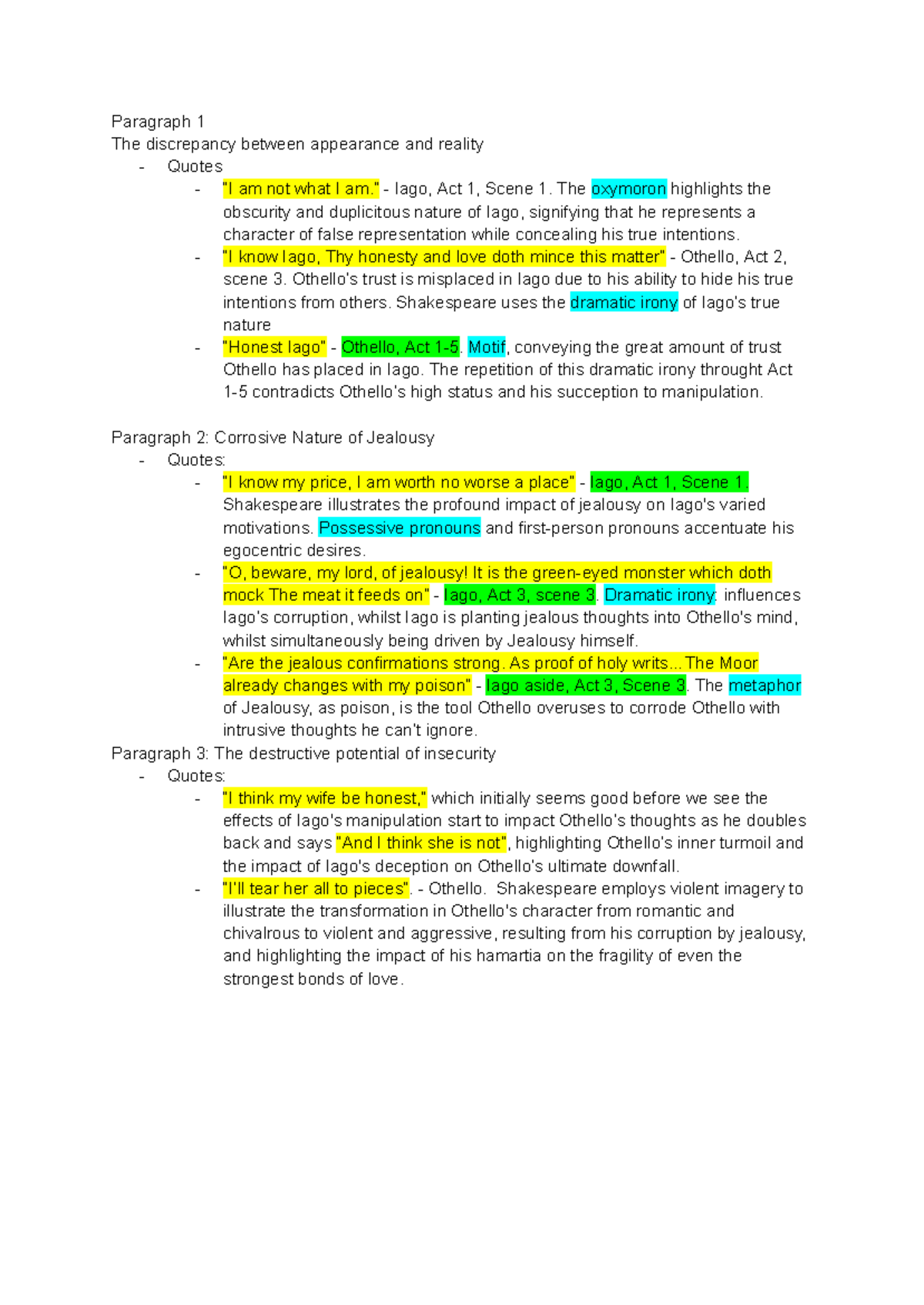 Y11 Othello: Key Quotes on Jealousy and Deception Analysis - Studocu