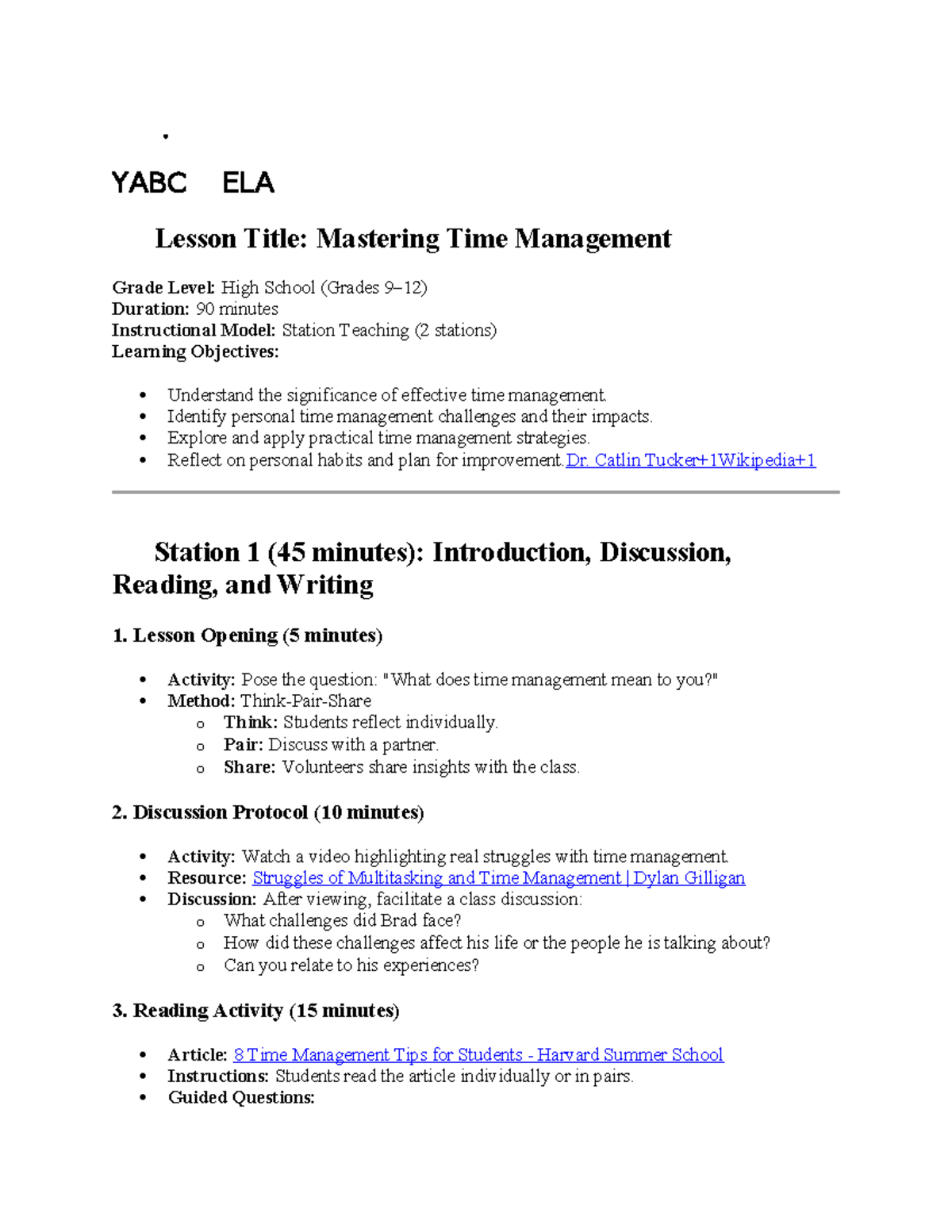 YABC ELA Lesson: Mastering Time Management - Assignment #2 - Studocu