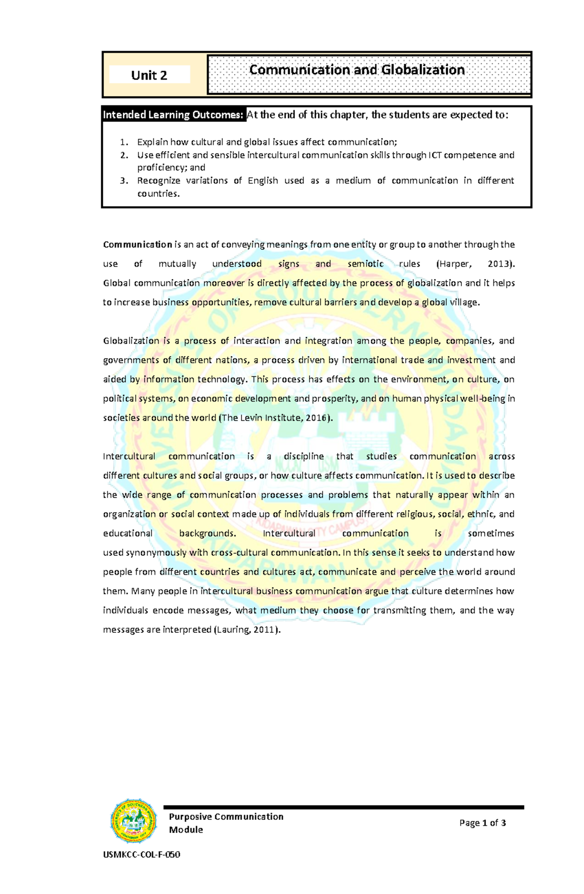 Communication and Globalization - Purposive Communication Module Page 1 ...