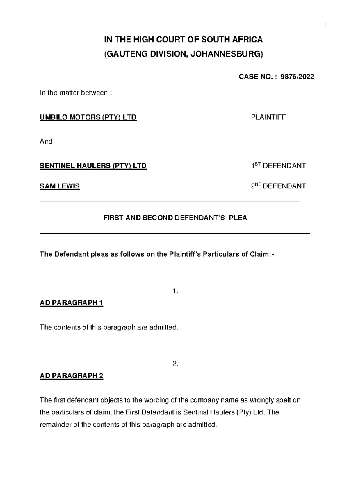 Plea and Counterclaim of Defendants in Case No. 9876/ - Firm C Document ...