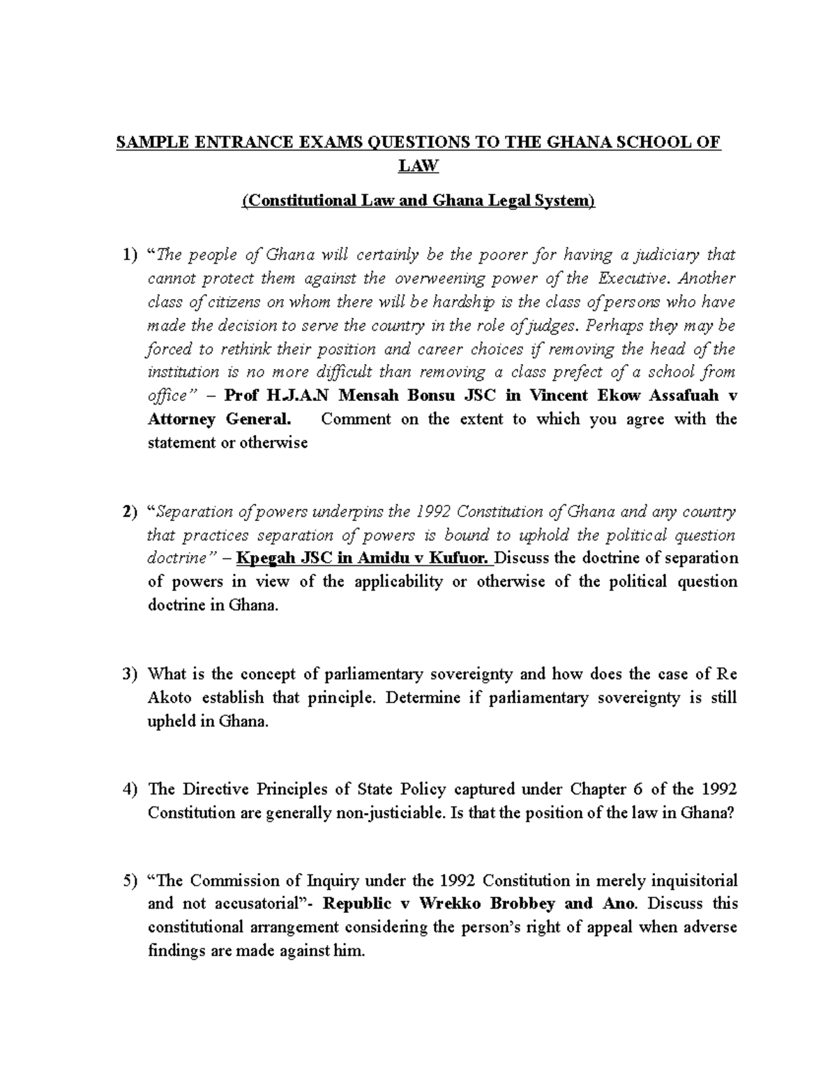 SAMPLE ENTRANCE EXAM QUESTIONS FOR GHANA SCHOOL OF LAW (Constitutional ...