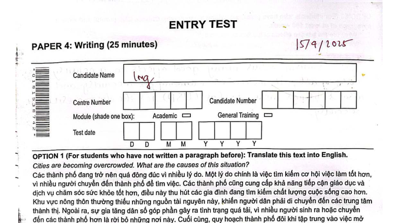 ENTRY TEST PAPER 4: Writing Task (25 min) - 15/4/2025 - Studocu
