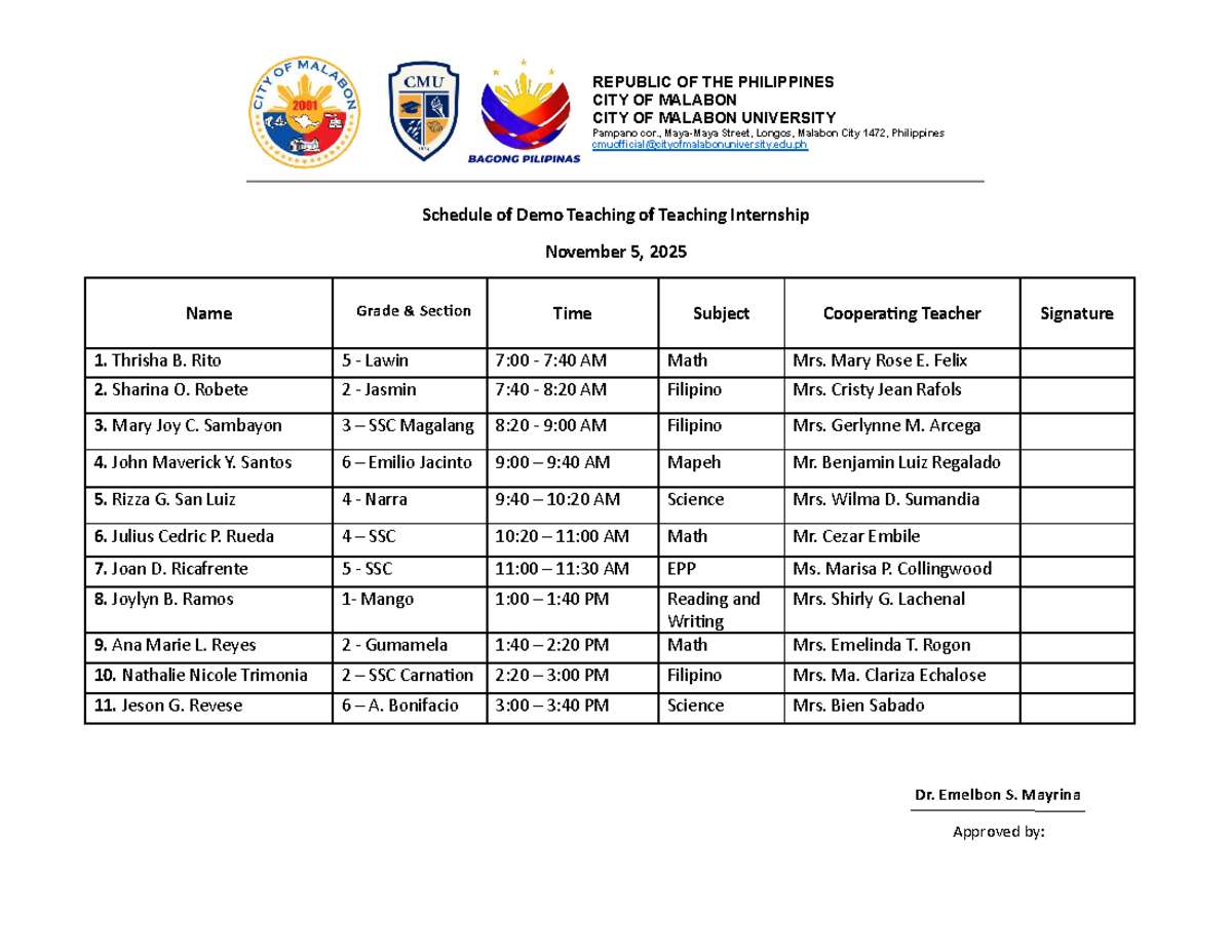 Schedule of Demo Teaching for NAES Internship - Nov 5, 2025 - Studocu