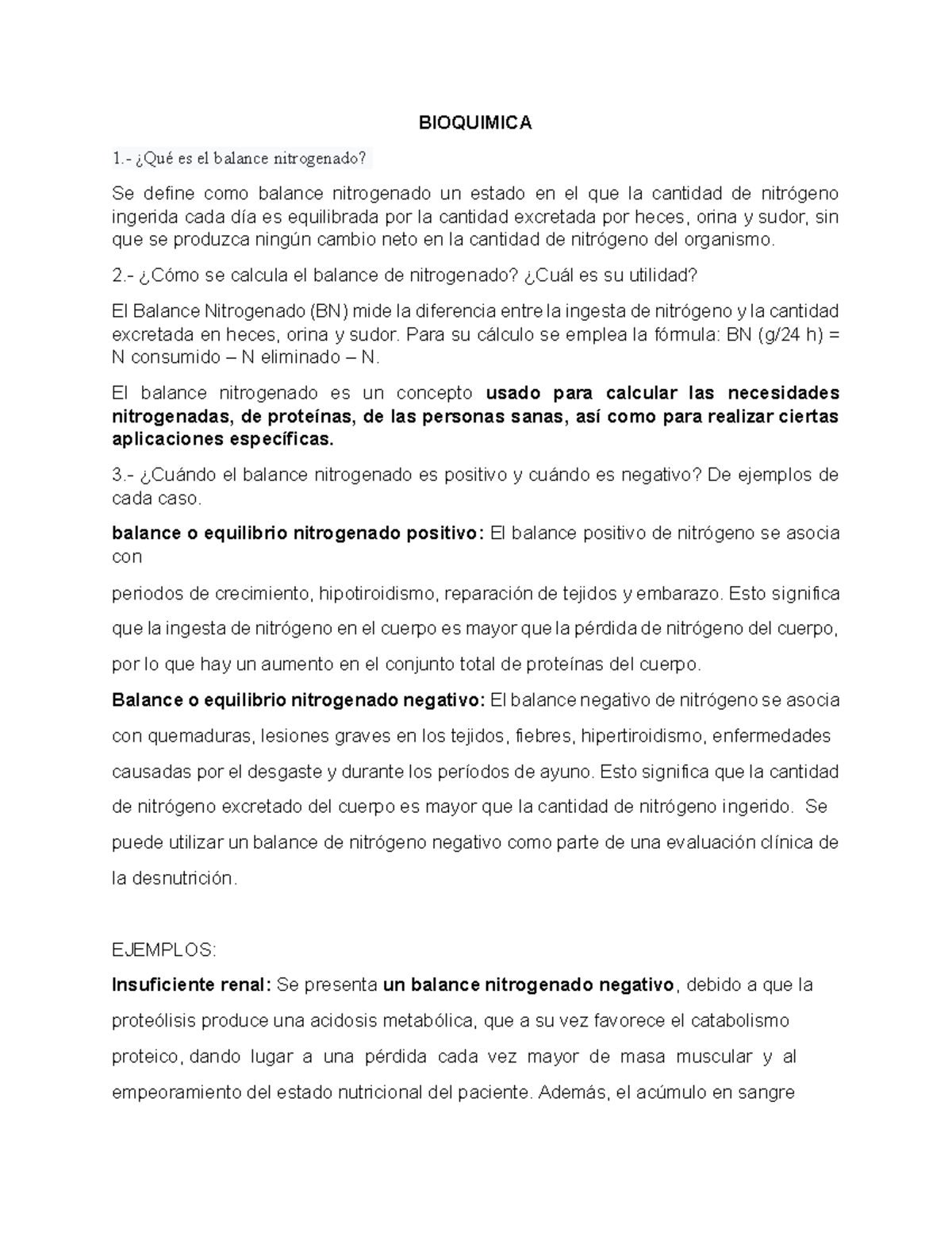 Balance Nitrogenado: Definición, Cálculo y Ejemplos Prácticos - Studocu