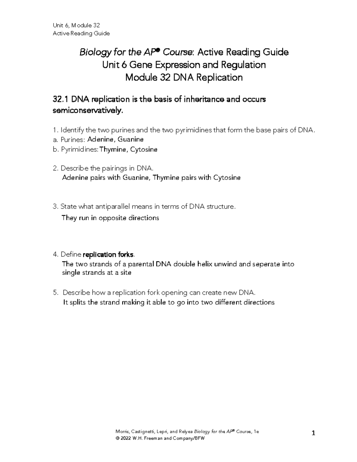 Module 32 RG Homework - DNA Replication Active Reading Guide - Studocu