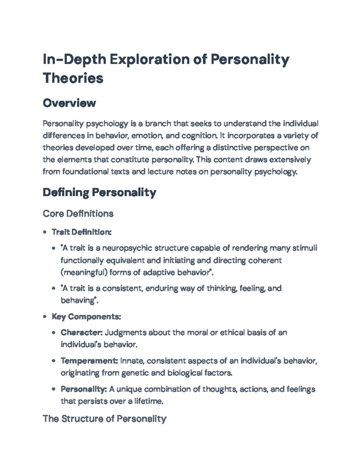 Comprehensive Overview of Personality Psychology (PSY 101) - Key ...