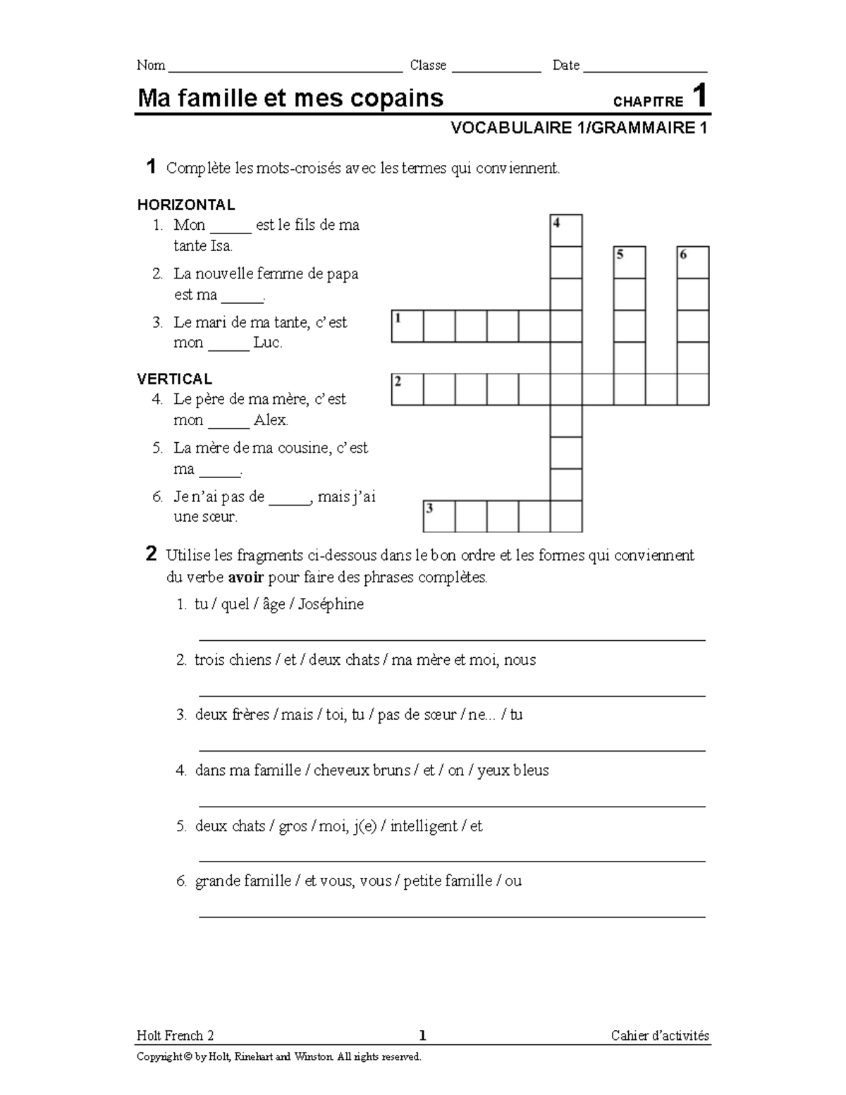 Holt French 2: Family & Friends Vocabulary and Activities - Chapter 1 ...