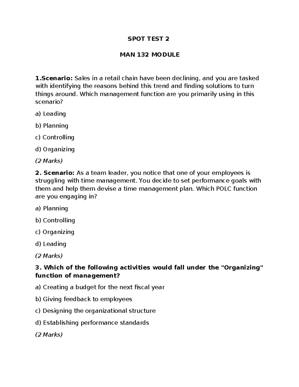 MAN 132 SPOT TEST 2 Review Questions for Module Exam - Studocu