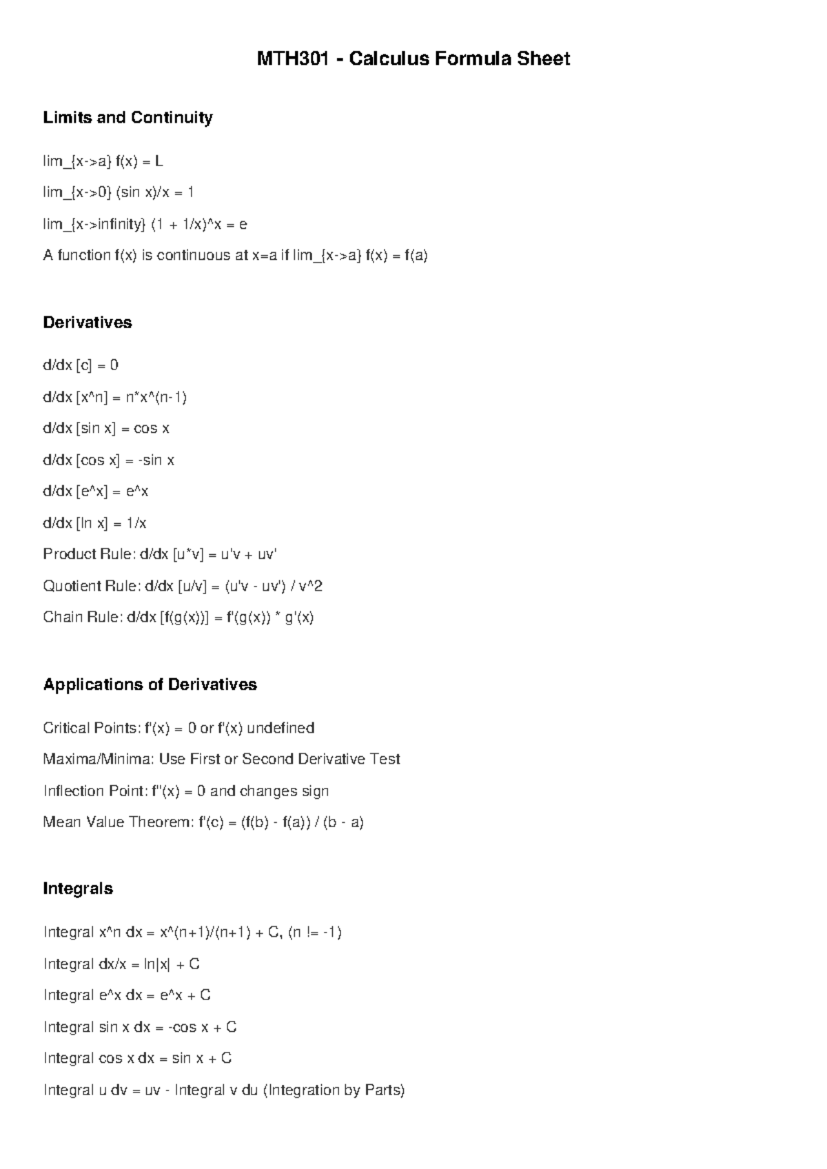 MTH301 Calculus Formula Sheet: Limits, Continuity & Derivatives - Studocu