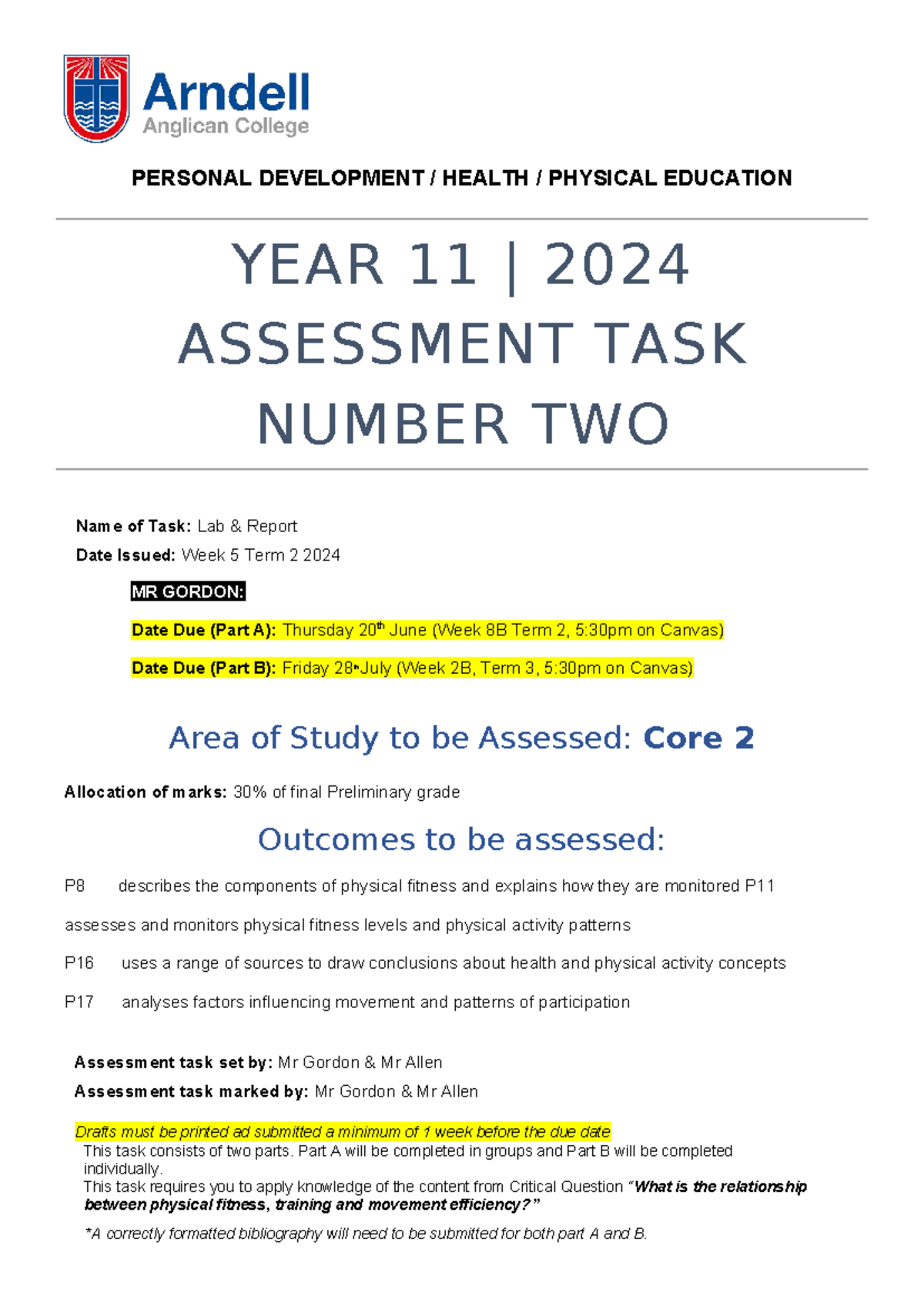 PDHPE Year 11 2024 Lab Report Assessment Task 2 - Studocu