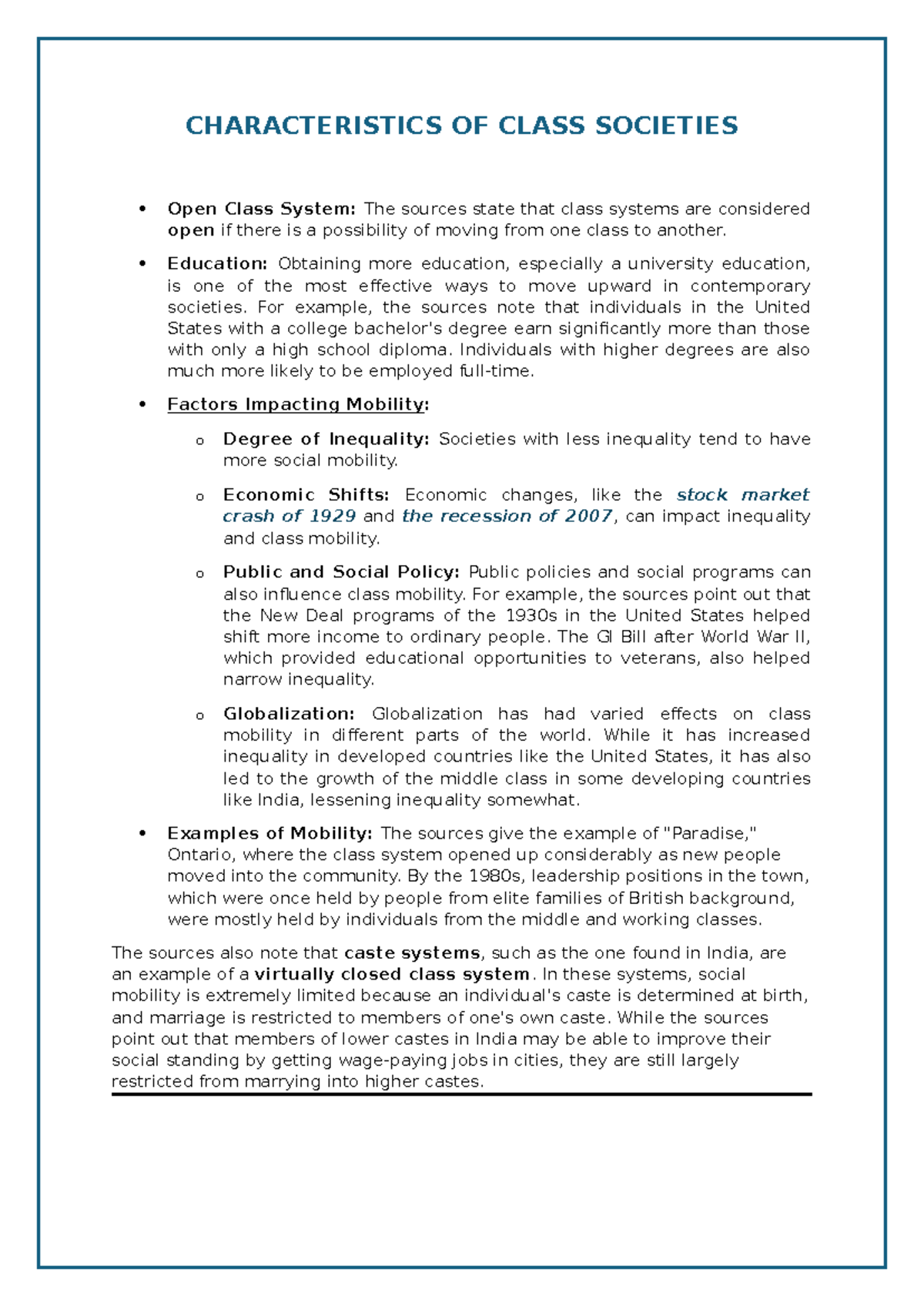 Ch 17 notes - CHARACTERISTICS OF CLASS SOCIETIES Open Class System: The ...