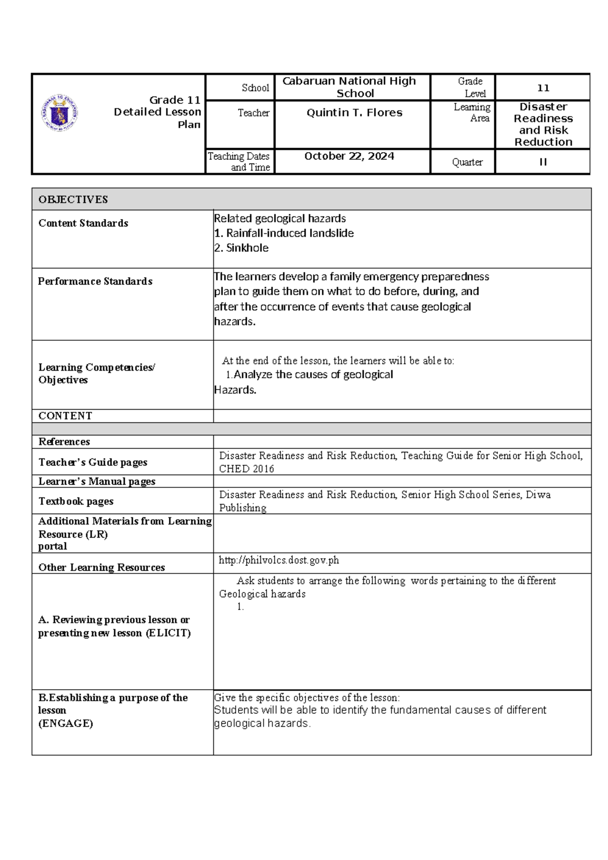 DLP Detailed Lesson Plan on Geological Hazards for Grade 11 - Oct 2024 ...