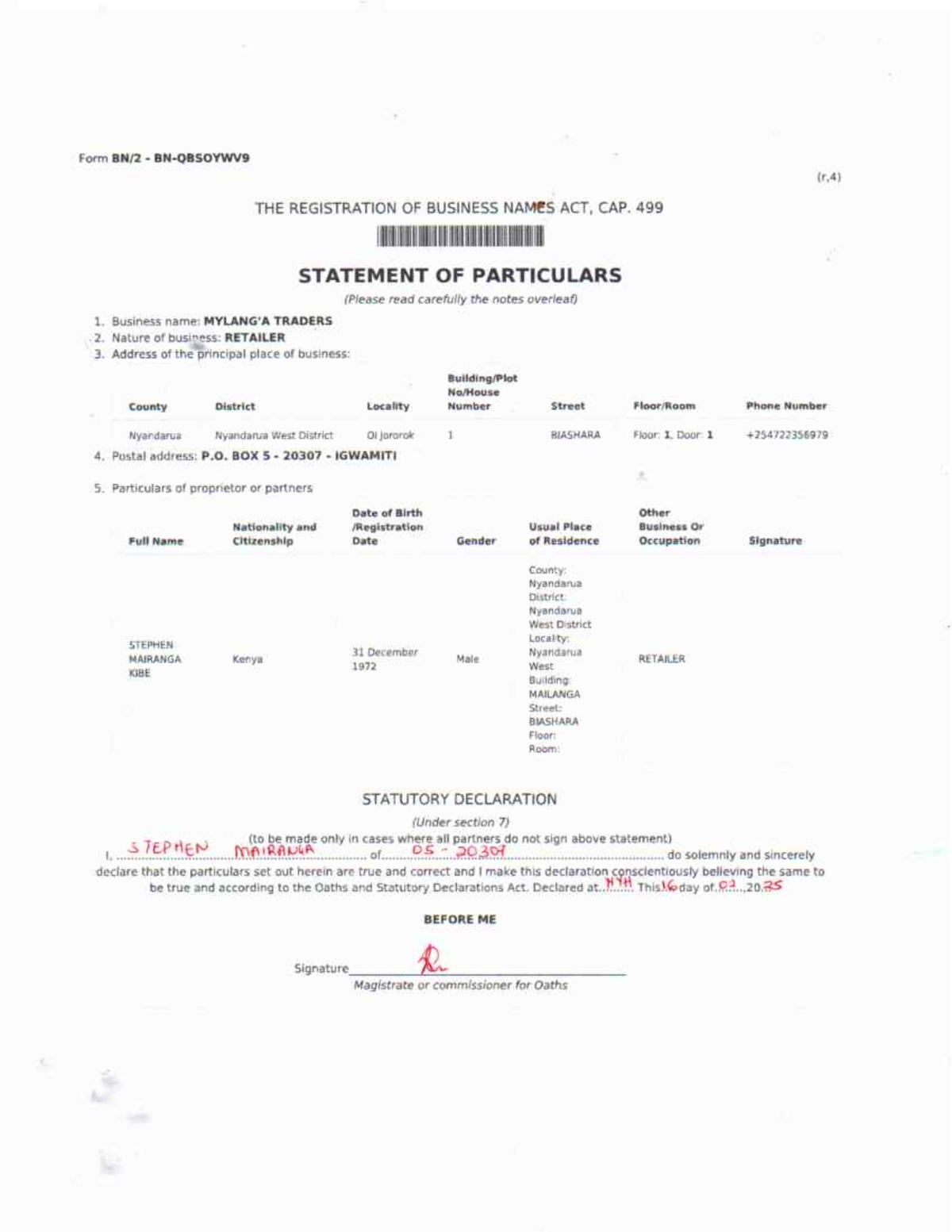 Business Registration Statement - (r,4) Act, Cap. 499 Details - Studocu