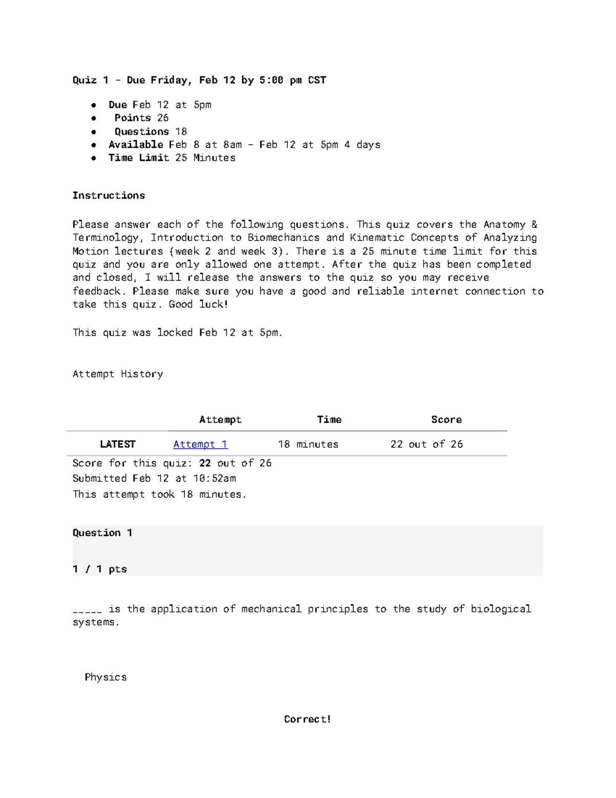 Biomechanics Quiz 1 - Key Concepts & Instructions for Feb 12 - Studocu