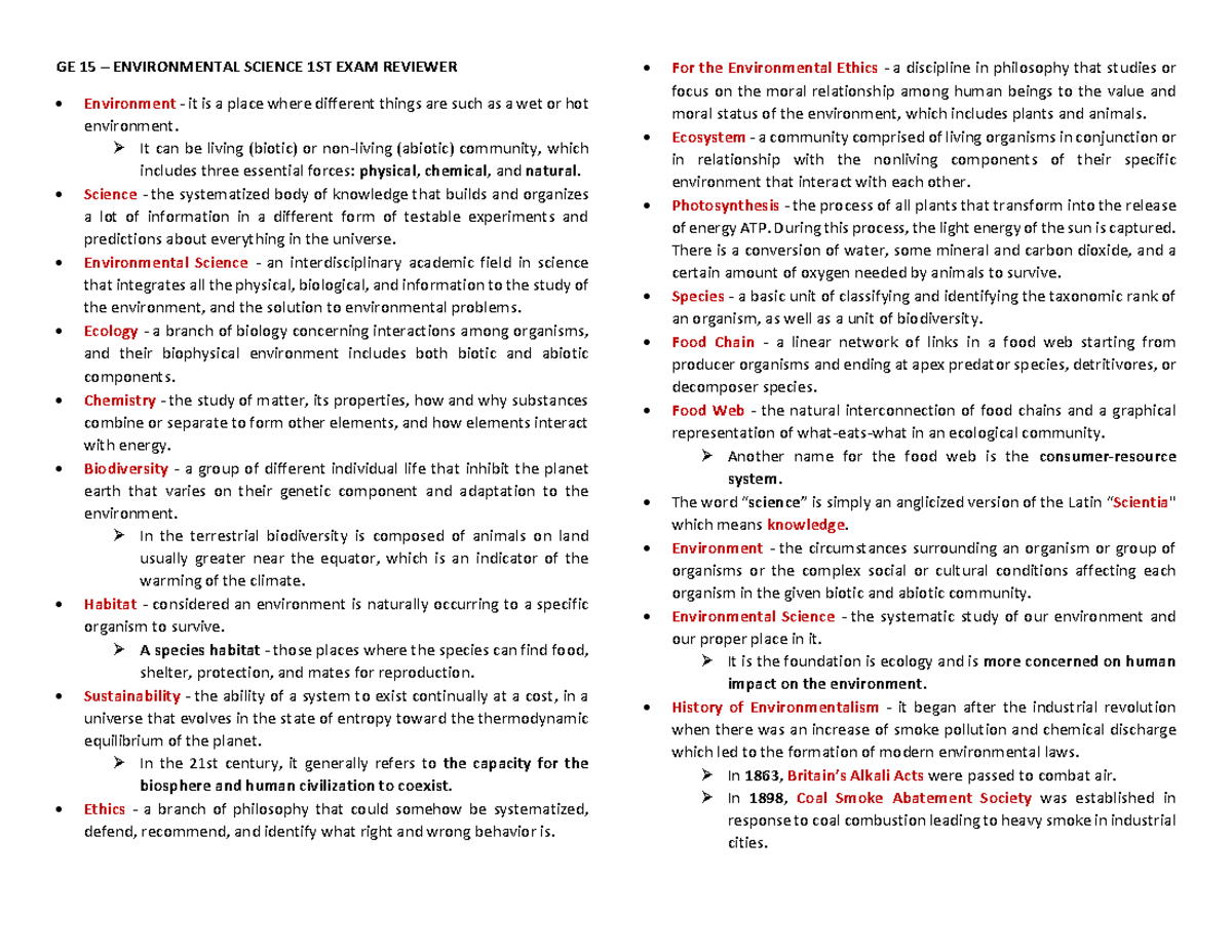 GE 15 – Environmental Science 1st Exam Comprehensive Reviewer - Studocu