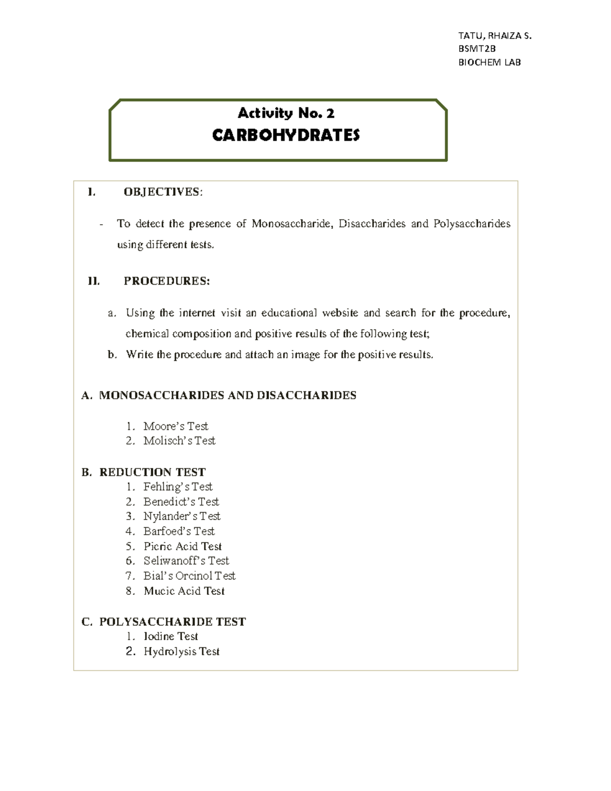 LAB Activity- Carbohydrates - TATU, RHAIZA S. BSMT2B BIOCHEM LAB ...