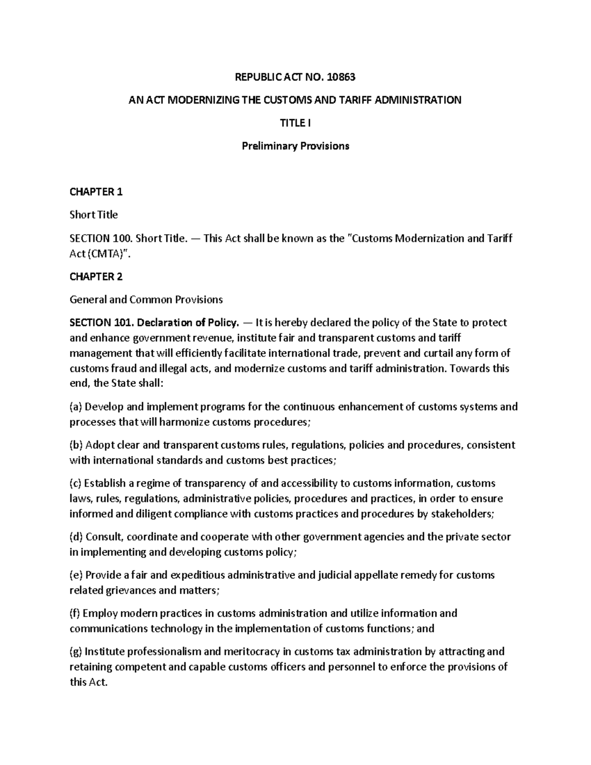 CMTA(SEC100-121) - Comprehensive Overview of the Customs Modernization ...