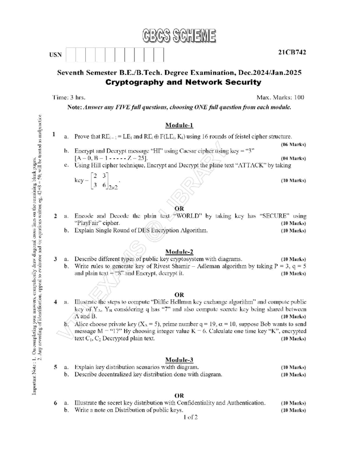 21CB742 Seventh Sem Exam: Cryptography & Network Security QP - Studocu