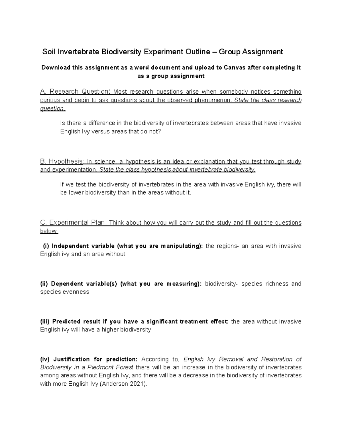 Group 1 Soil Invertebrate Biodiversity Experiment Outline - Soil ...