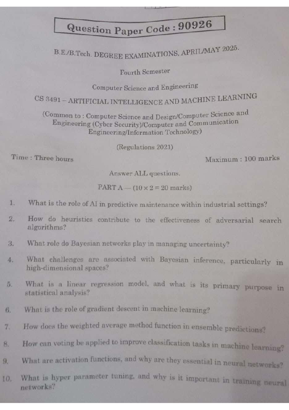 CS3491 Final Exam Question Paper - AI & Machine Learning 2025 - Studocu
