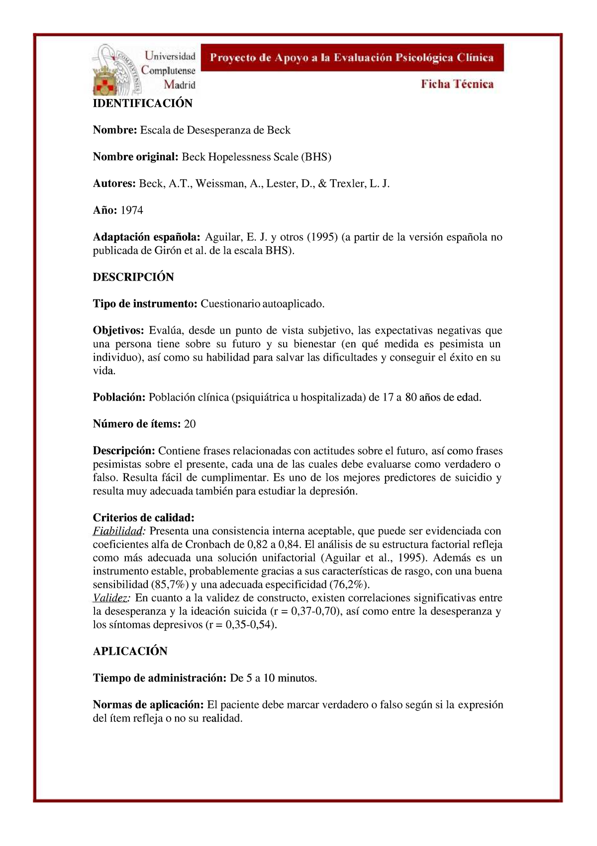 Escala de Desesperanza de Beck (BHS) - Resumen y Aplicación en ...