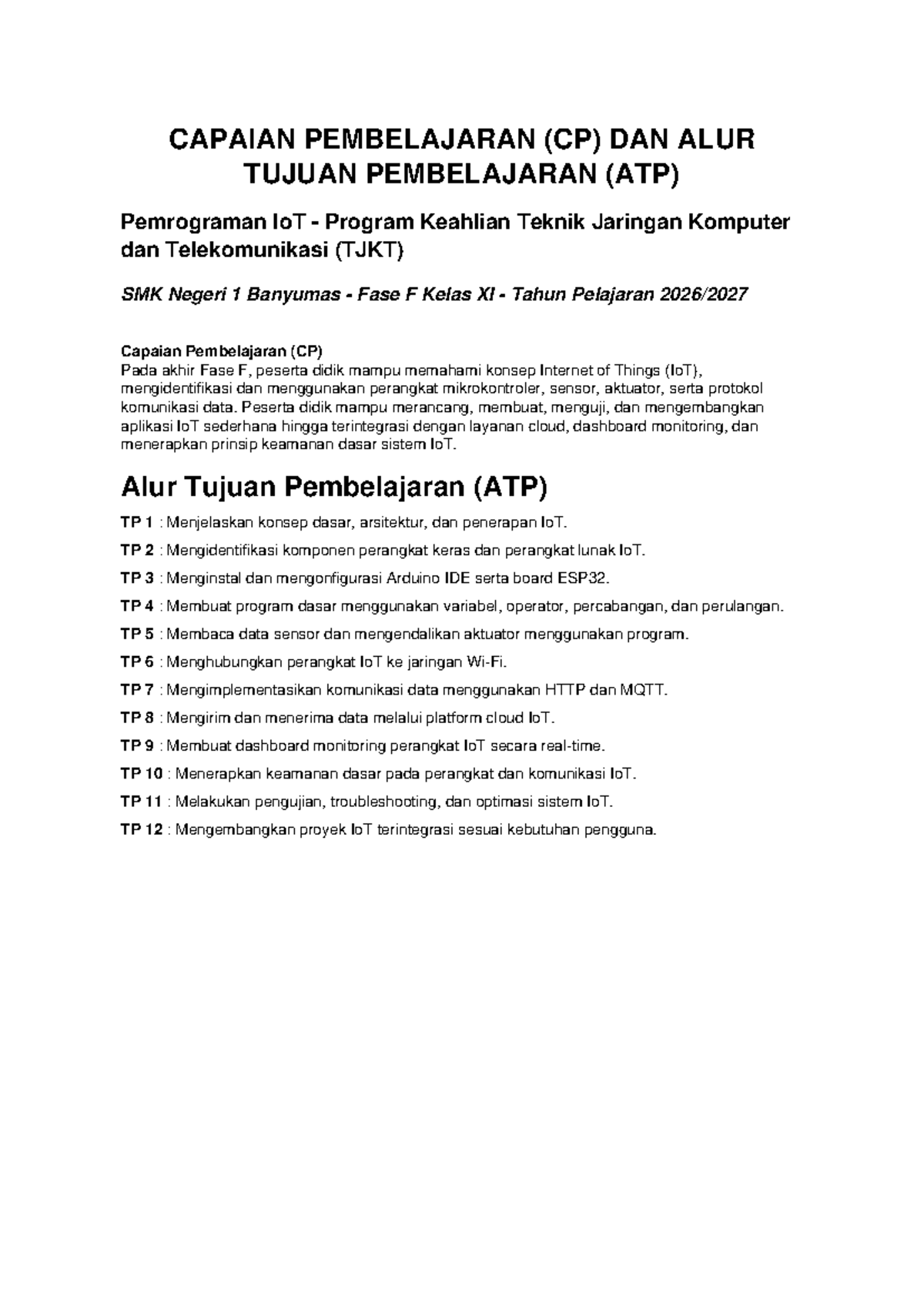 CP dan ATP Pemrograman IoT Kelas XI TJKT SMK Negeri 1 Banyumas 2026 ...