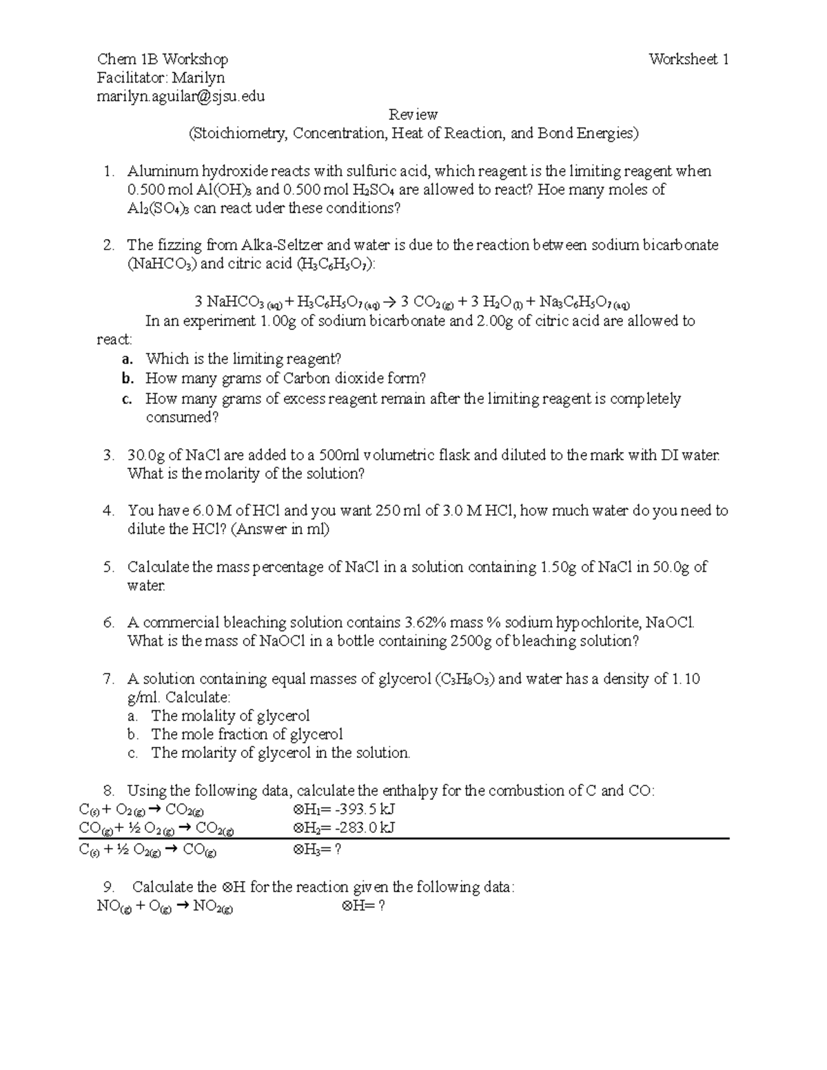 Chem 1b Worksheet 1 - Chem 1B Workshop Facilitator: Marilyn Worksheet 1 ...