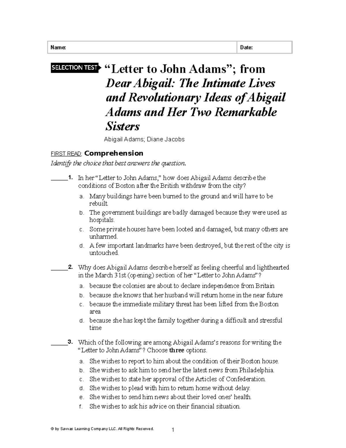 Letter to John Adams: Final Exam Review on Abigail Adams - Studocu