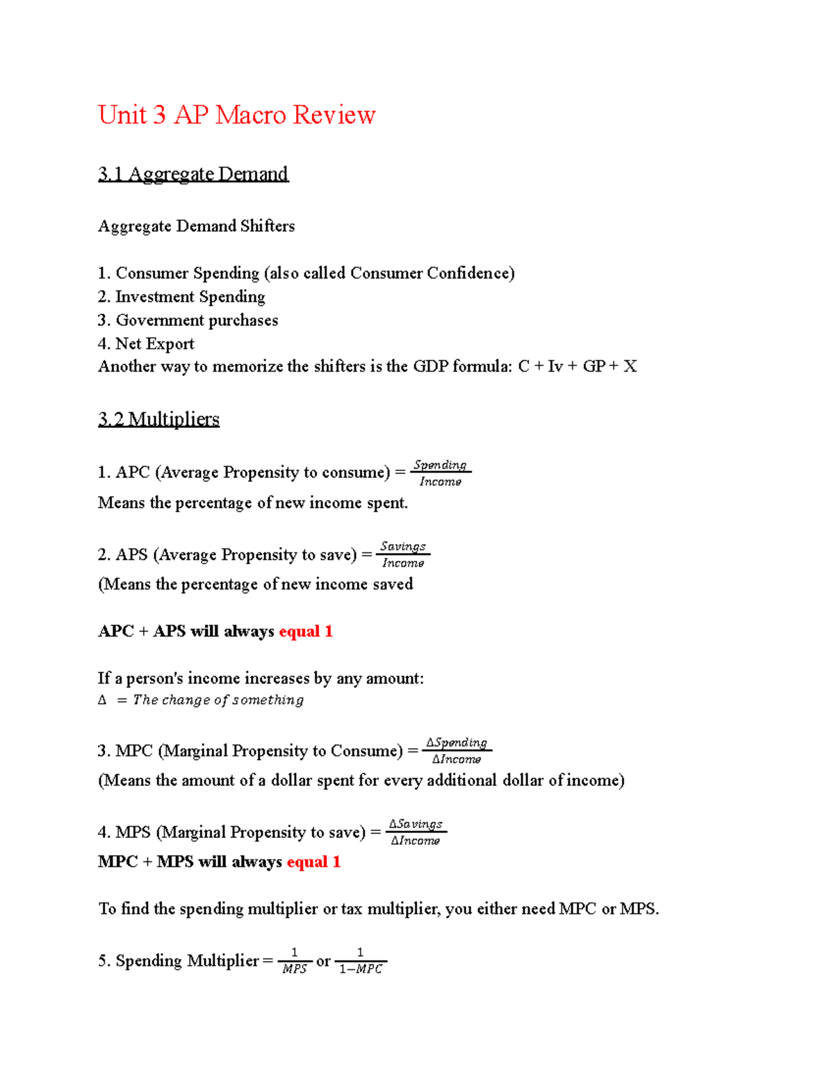 Unit 3 AP Macro Review: Aggregate Demand & Supply Concepts - Studocu