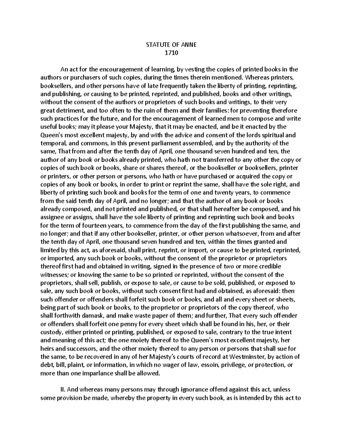 STATUTE OF ANNE 1710: First Statutory IP Framework - Studocu