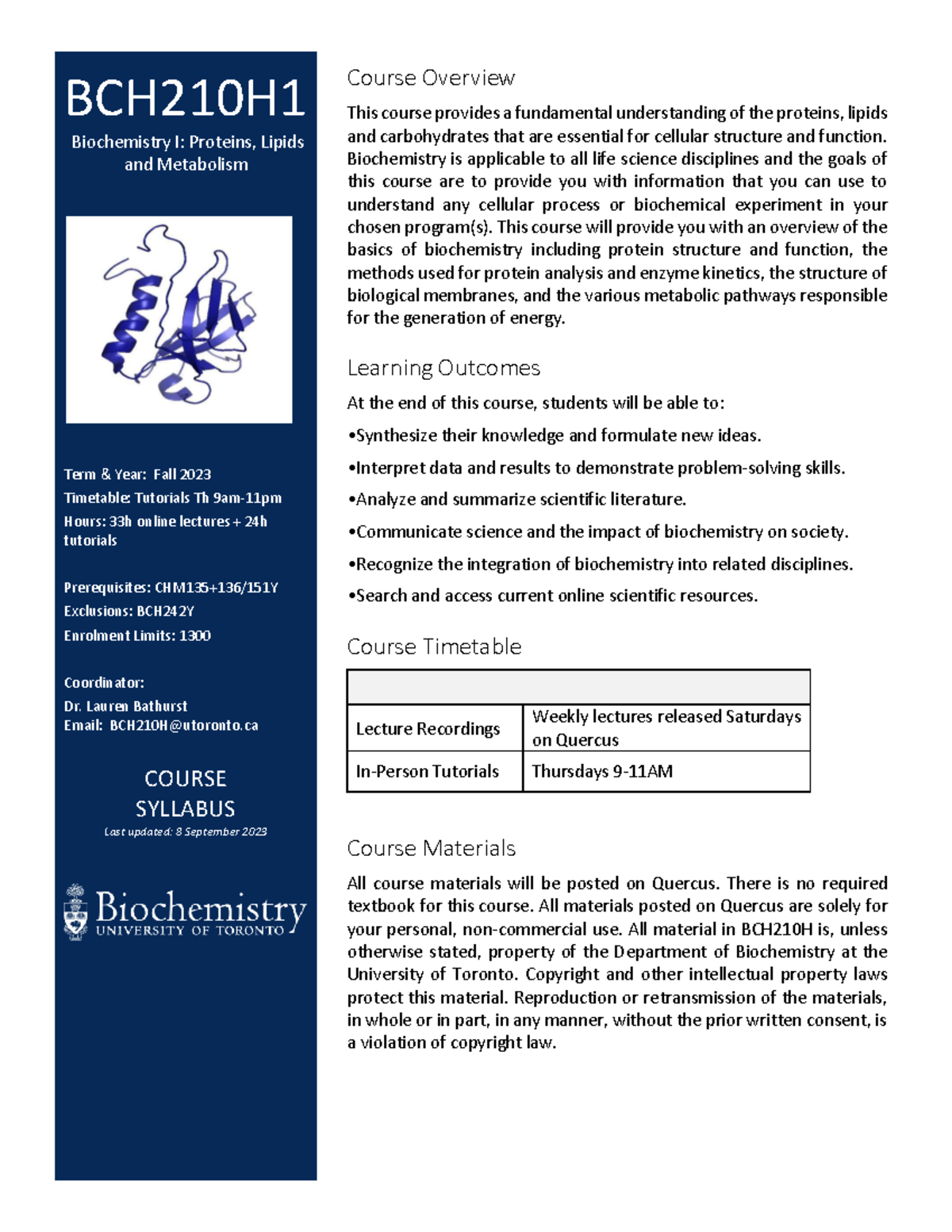 BCH210H Fall 2023 Course Syllabus: Biochemistry I Overview - Studocu