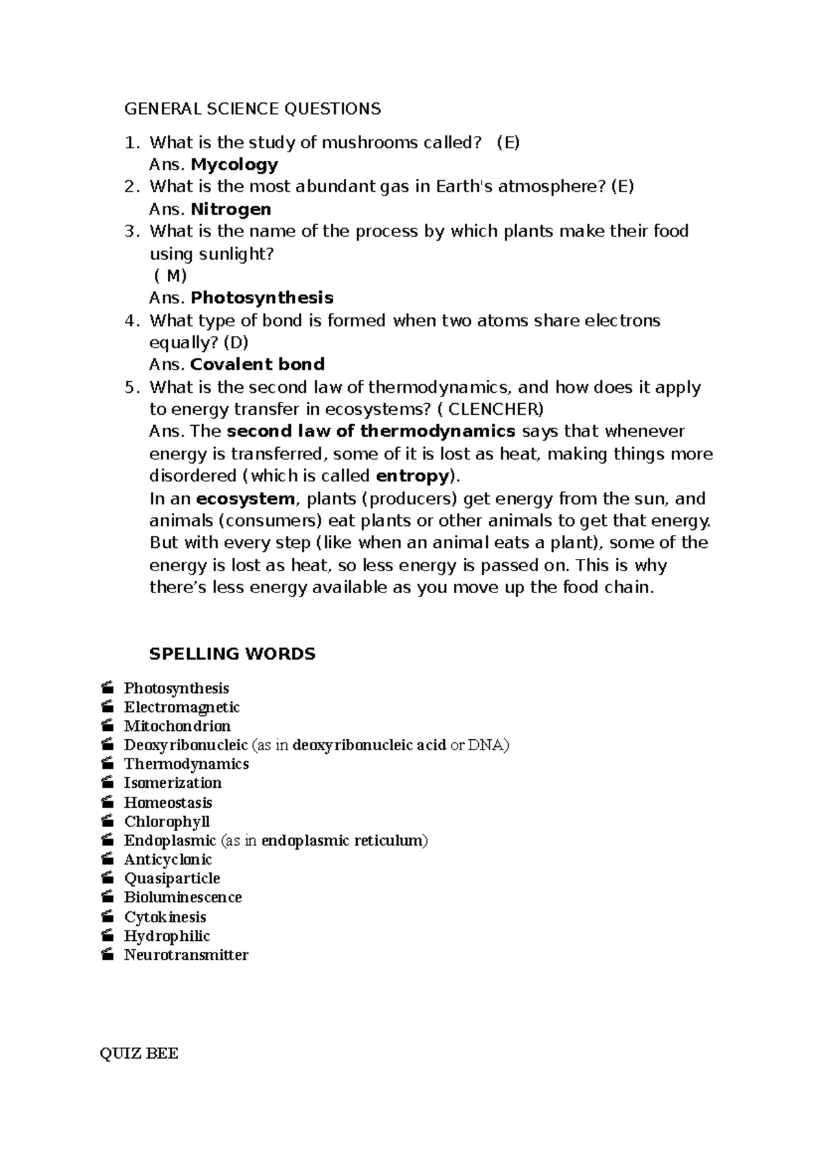 Quiz Bee Science (General Science Questions & Answers) - Studocu