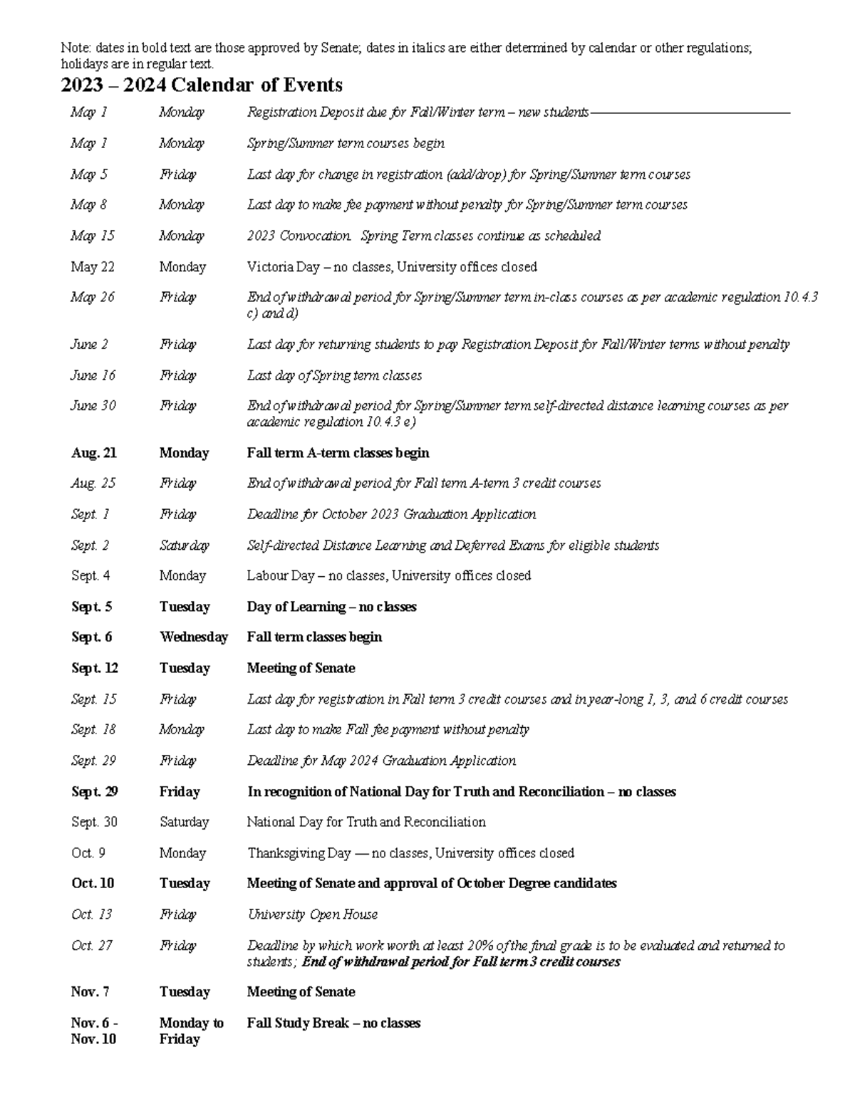 2023-24 Academic Calendar of Events and Important Dates - Studocu