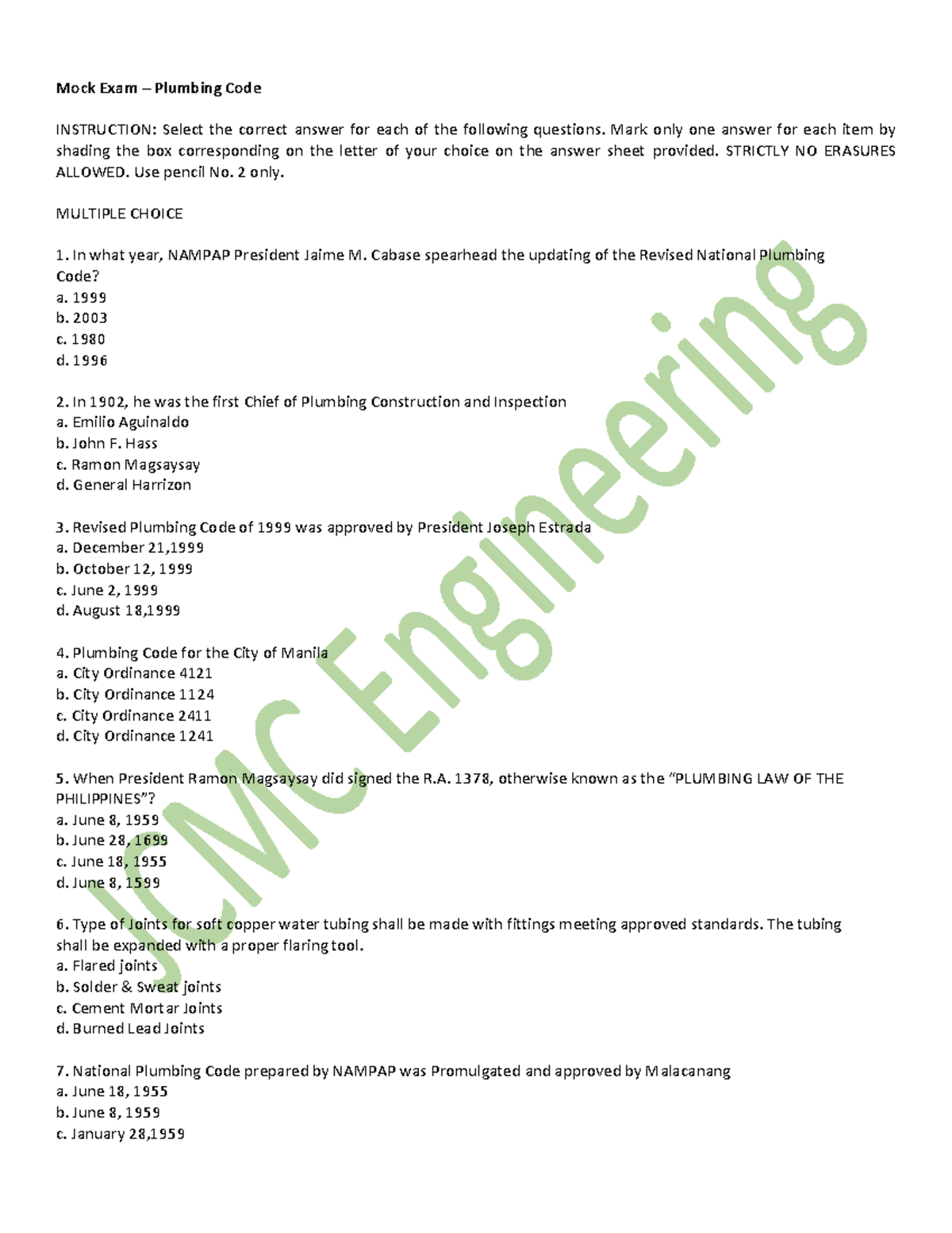 Mock Exam for Plumbing Code (Course Code: PC-101) - Studocu